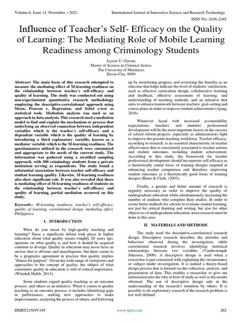 Influence Of Teachers Self Efficacy On The Quality Pdf