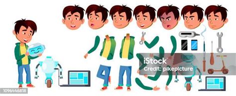 아시아 소년 남학생 아이 벡터입니다 초등 학교 아이입니다 빌드 로봇 도우미 애니메이션 만들기 세트입니다 초등 학생입니다 미래 기술 개념입니다 감정 제스처를 얼굴 애니메이션