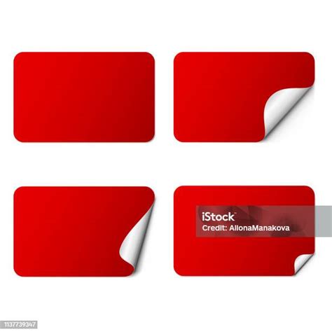 접힌 된 가장자리 흰색 배경에 고립 된 빨간색 사각형 접착 스티커의 집합입니다 0명에 대한 스톡 벡터 아트 및 기타 이미지