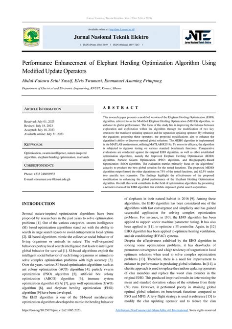 Pdf Performance Enhancement Of Elephant Herding Optimization