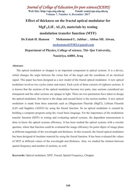 Pdf Effect Of Thickness On The Fractal Optical Modulator For Mgf 2 Lif Al 2 O 3 Materials By