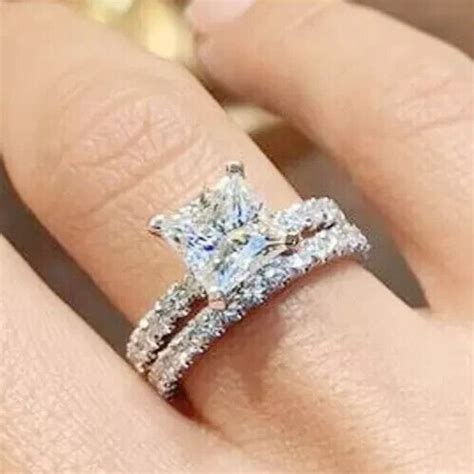 300ct Princess Cut Lab Grown Diamond Bridal Set Engagement Ring 14k