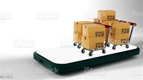 스마트폰에 판지 상자가 있는 쇼핑 카트의 3d 렌더링 전자 상거래 기호 개념에 대한 스톡 사진 및 기타 이미지 개념 골진 골판지 Istock
