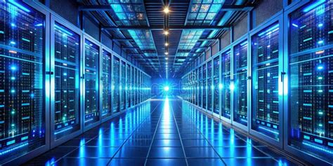 Illuminated Data Center Corridor Rows Of Modern Servers In A High Tech