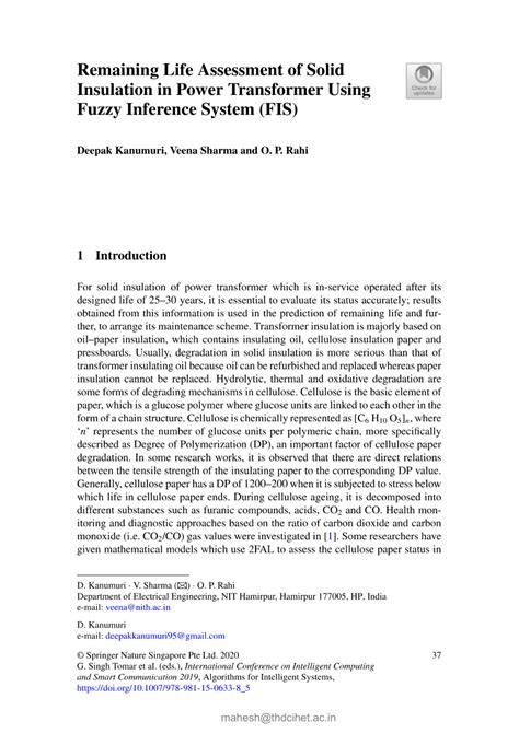 Pdf Remaining Life Assessment Of Solid Insulation In Power Transformer Using Fuzzy Inference