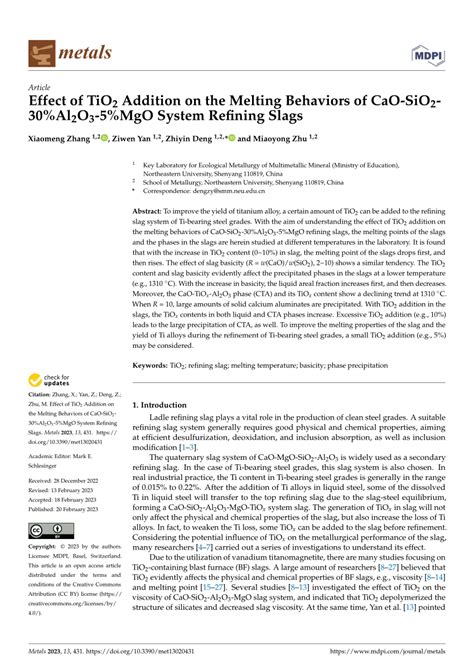 pdf effect of tio2 addition on the melting behaviors of cao sio2 30