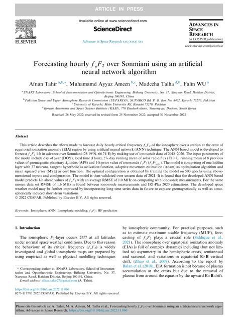 Pdf Forecasting Hourly Fof2 Over Sonmiani Using An Artificial Neural Network Algorithm