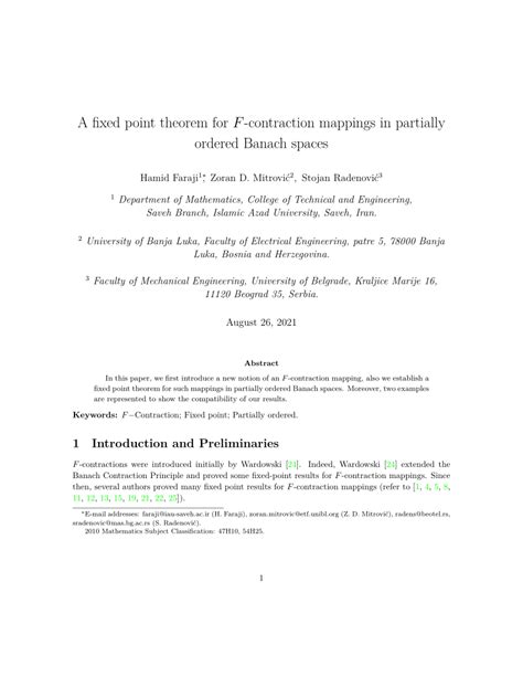 Pdf A Fixed Point Theorem For F Contraction Mappings In Partially Ordered Banach Spaces