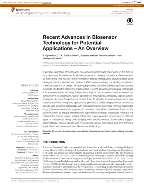 Recent Advances In Biosensor Technology For Potential Applications An