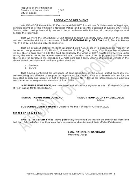 Affidavit Of Deponent Carnapping Pdf Affidavit Evidence