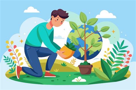 지구를 구하라 사람 평평한 스타일의 나무를 심는 만화 일러스트레이션 터 지구와 환경 날 프리미엄 벡터