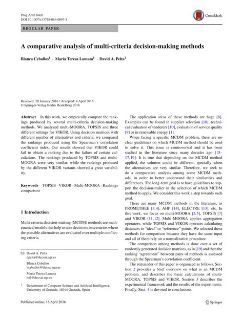 Pdf A Comparative Analysis Of Multi Criteria Decision Making Methods