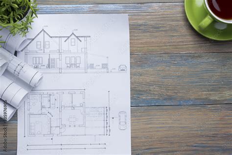 Architect Worplace Top View Architectural Project Blueprints Blueprint Rolls And Divider