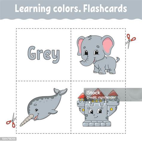색상을 학습합니다 아이들을위한 플래시 카드 귀여운 만화 캐릭터 미취학 아동을위한 사진 세트 교육 워크 시트 벡터 그림입니다 0명에 대한 스톡 벡터 아트 및 기타 이미지