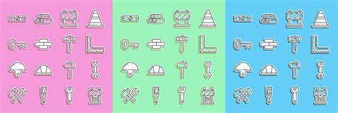 세트 라인 도로 장벽 렌치 스패너 코너 눈금자 벽돌 오래 된 키 건설 버블 레벨과 해머 아이콘 벡터 갈고리 발톱에 대한 스톡 벡터 아트 및 기타 이미지 Istock