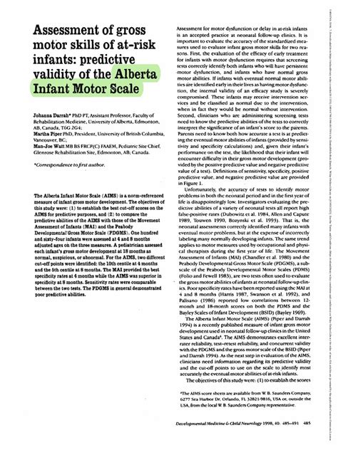 Alberta Infant Motor Scale2 Pdf Cerebral Palsy Sensitivity And
