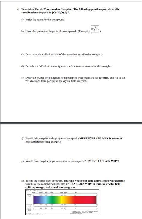Solved 4 Transition Metal Coordination Complex The