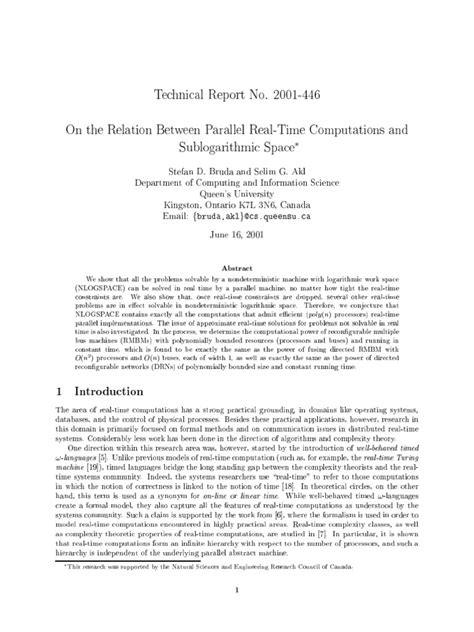 Technical Report No 2001 446 On The Relation Between Parallel Real Time Computations And