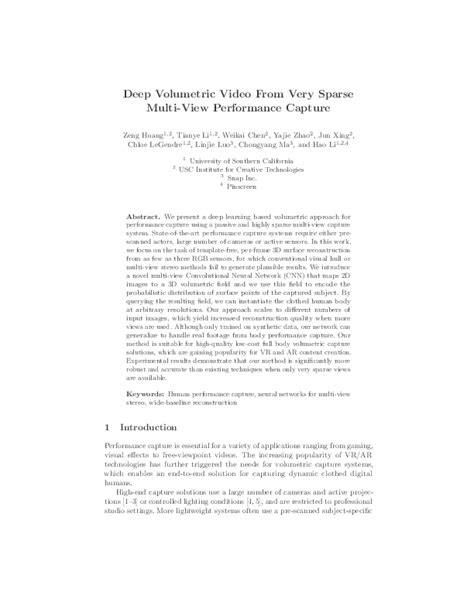 Pdf Deep Volumetric Video From Very Sparse Multi View Performance Capture