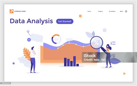 다이어그램과 그래프를 분석하는 돋보기를 가진 남녀가 있는 랜딩 페이지 템플릿 통계 또는 재무 데이터 분석의 개념 웹 사이트 배너에 대한 현대적인 평면 벡터 일러스트레이션