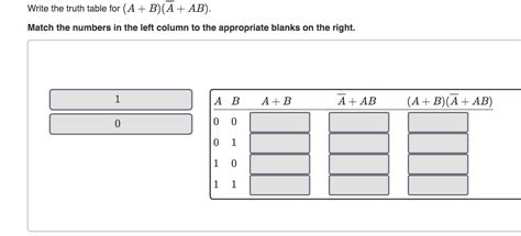 solved write the truth table for a b a ab match the