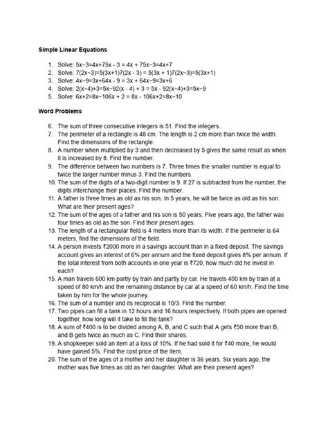 Simple Linear Equations Pdf