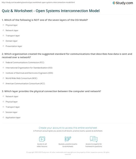 Quiz And Worksheet Open Systems Interconnection Model