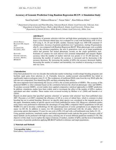 Pdf Accuracy Of Genomic Prediction Using Random Regression Blup A