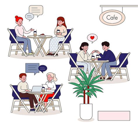 유토이미지 카페에 앉아 있는 사람들 손그림 스타일 일러스트레이션