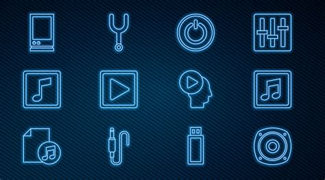 세트 라인 스테레오 스피커 음악 노트 톤 파워 버튼 광장에서 재생 음성 비서 재생 및 음악 튜닝 포크 아이콘머리 사람들 벡터 Usb 케이블에 대한 스톡 벡터 아트 및 기타