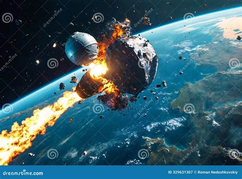 Collision And Collapsing Of Satellites In Earth Orbit Stock Image 329631307