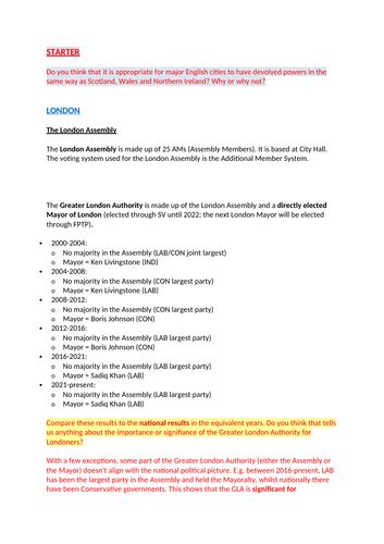 Devolution In England Including London Teaching Resources