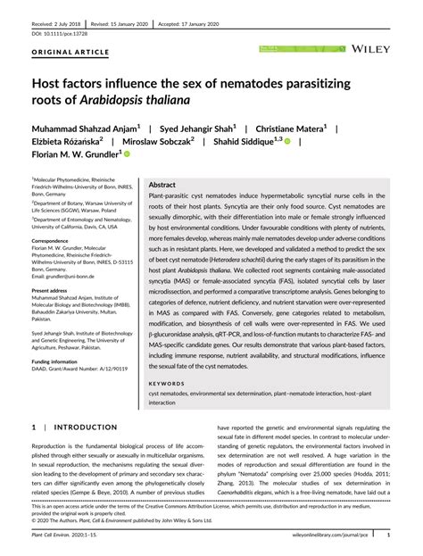 Pdf Host Factors Influence The Sex Of Nematodes Parasitizing Roots Of Arabidopsis Thaliana