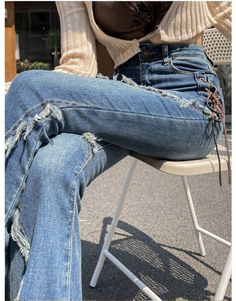 봄 여름 가을 추천 봄 여름 신상 수술 리본 스판 청바지 부츠컷 팬츠