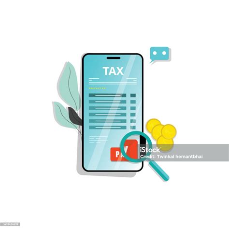 돋보기가 있는 전화기 화면의 세금 양식 스마트폰을 통한 온라인 세금 모바일 결제 급여 검사 및 연구 인터넷 뱅킹 개념입니다