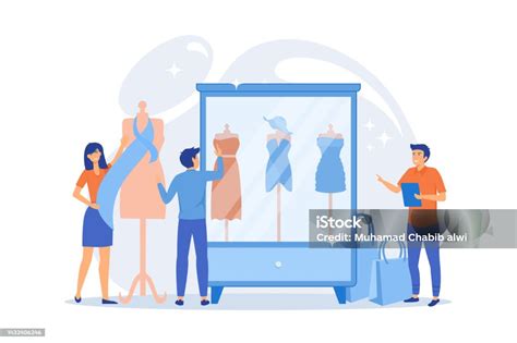 마네킹에 새로운 옷 컬렉션과 천 조각을 작업하는 디자이너 팀 패션 산업 의류 스타일 시장 패션 비즈니스 개념 플랫 벡터 현대