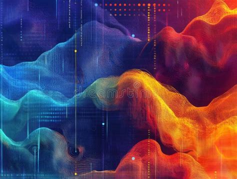 Vibrant Digital Landscape Featuring Flowing Waves Matrix Code And Abstract Data Visualization