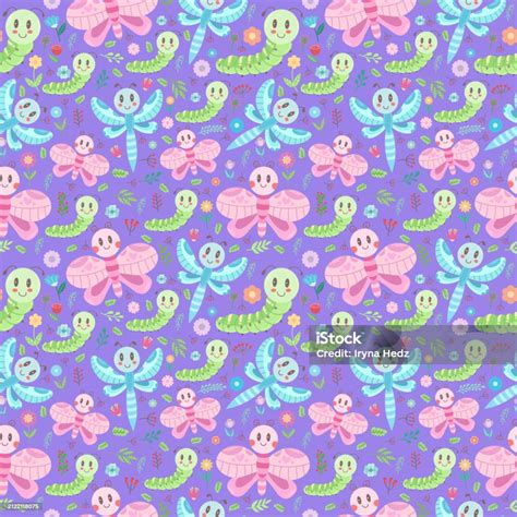 보라색 배경에 나비 애벌레 잠자리 등 다양한 귀여운 곤충이 있는 매끄러운 밝은 패턴 벡터 플랫 개미에 대한 스톡 벡터 아트 및 기타 이미지 Istock
