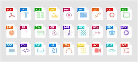 File Type Icon Set Popular Files Format And Document Format And Extension Of Documents Stock
