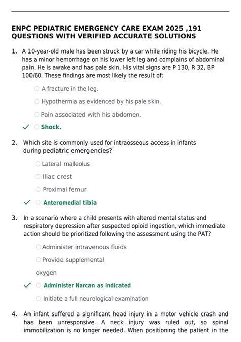 Enpc Pediatric Emergency Care Exam 2025 191 Questions With Verified