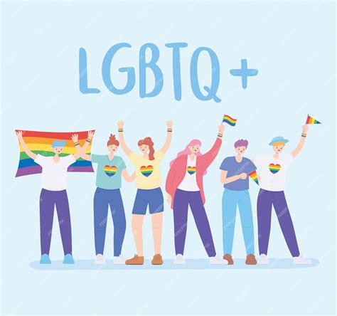 Lgbtq 커뮤니티 무지개 깃발을 들고 포옹하는 사람들 게이 퍼레이드 성 차별 시위 프리미엄 벡터