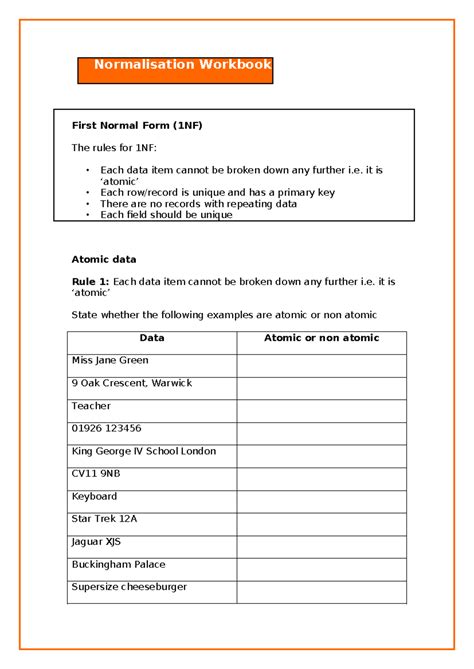 Normalisation Workbook Normalisation Workbook First Normal Form 1nf The Rules For 1nf Each
