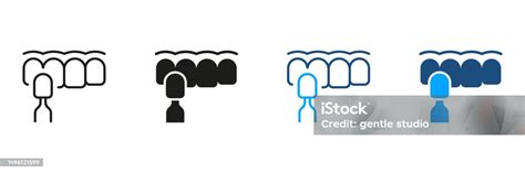 치과용 베니어판 인간의 치아 관리 픽토그램 세라믹 치아 베니어판 설치 절차 실루엣 및 라인 아이콘 설정 치과 치료 기호 컬렉션 격리된 벡터 그림 건강 진단에 대한 스톡 벡터