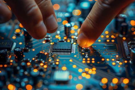 A Fingertip S Touch On The Heart Of Technology A Close Up Of A Microchip On A Circuit Board