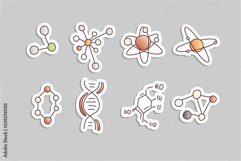 Стоковое векторное изображение Cute Cartoon Molecule And Atom Icon Set Atomic And Molecular