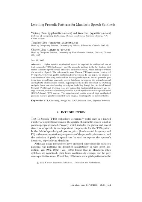 Pdf Learning Prosodic Patterns For Mandarin Speech Synthesis