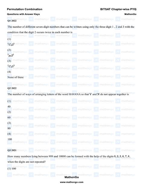 Pdf Bitsat Pyqs Permutation Combination Pdf