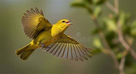 Yellow Bird In Mid Flight With Wings Spread Against A Blurred Green