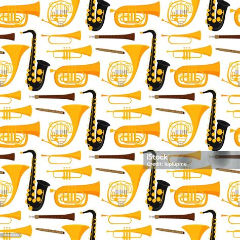 바람 악기 도구 음향 음악가 장비 오케스트라 원활한 패턴 배경 벡터 일러스트 레이 션 Classical Concert에 대한 스톡 벡터 아트 및 기타 이미지