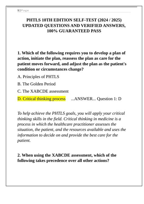 Phtls 10th Edition Self Test 2024 2025 Updated Questions And